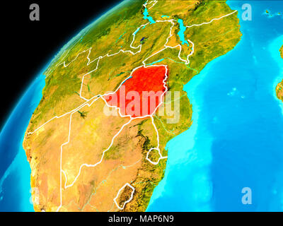Space orbit view of Zimbabwe highlighted in red on planet Earth with visible borders. 3D ...