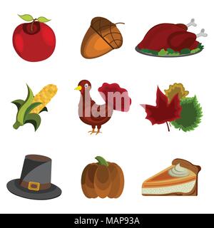 Happy Thanksgiving Day icon set, flat, cartoon style. Harvest festival ...