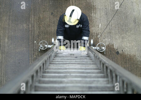 fire fighter climbing 13.5m ladder Stock Photo - Alamy