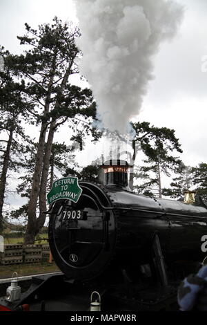 Close-up of 7903 locomotive, Foremarke Hall, arriving at Broadway ...