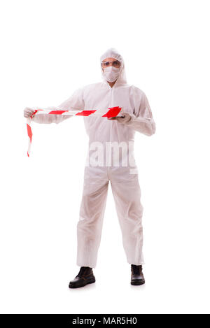 Forensic specialist in protective suit taking photos on white Stock ...