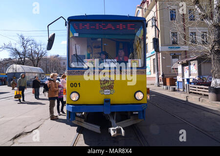 Streetcar stands on the rails in the middle of the square. March 26 ...