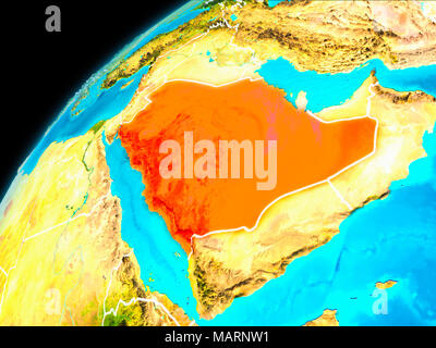 Space view of Saudi Arabia highlighted in red on planet Earth. 3D ...