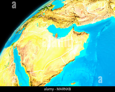Orbit view of Qatar highlighted in red on planet Earth. 3D illustration ...