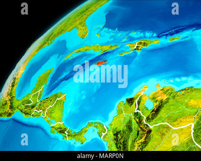 Orbit view of Jamaica highlighted in red with visible borderlines and ...