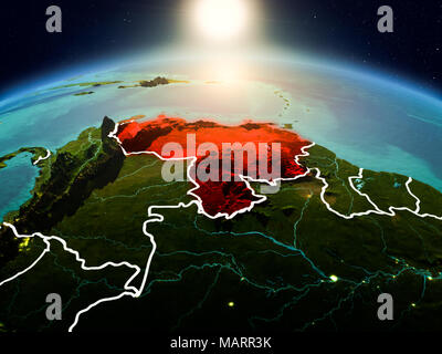 Sunrise above Venezuela highlighted in red on model of planet Earth in ...