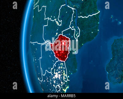 Space orbit view of Zimbabwe highlighted in red on planet Earth with visible borders. 3D ...