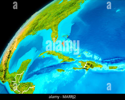 Orbit view of Bahamas highlighted in red on planet Earth. 3D ...