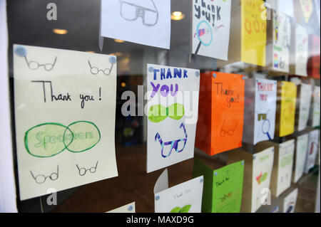 Thank you cards in Specsavers opticians window display in Whitby, North ...