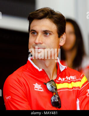 Spanish tennis player David Ferrer about to smash his racket against ...