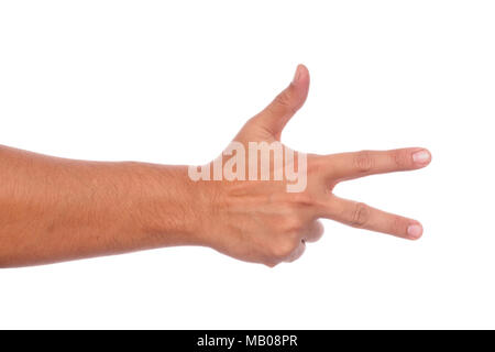 Hand gesturing three finger salute isolated on white background with ...