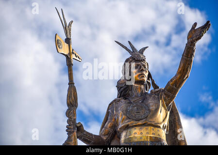 Inca statue of Pachacutec in the main square of Aguas Calientes, near ...