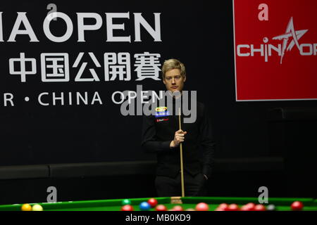 Beijing, China. 04th Apr, 2018. Mark Selby competes with Ben Woollaston ...