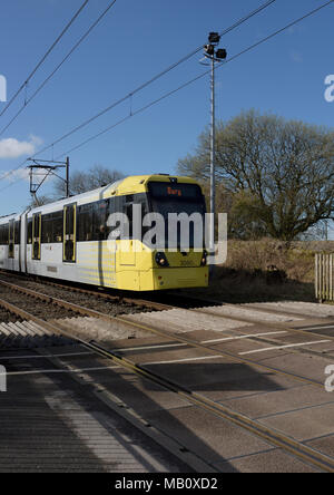 Manchester Metrolink tram approaching level crossing, and overhead high ...