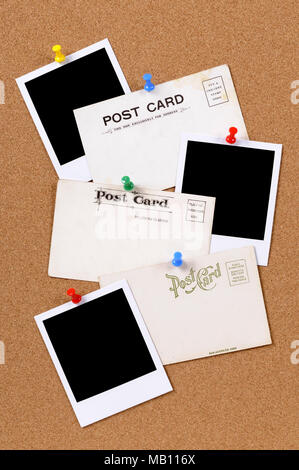 Old stained and faded postcards on a cork bulletin board Stock Photo ...
