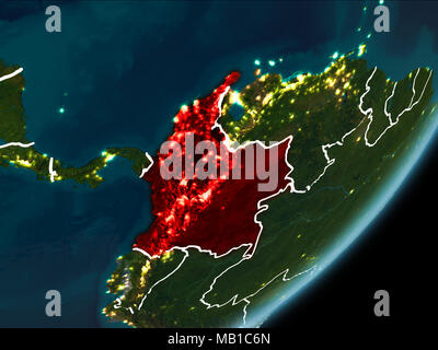 Map of Colombia in red as seen from space on planet Earth at night with ...