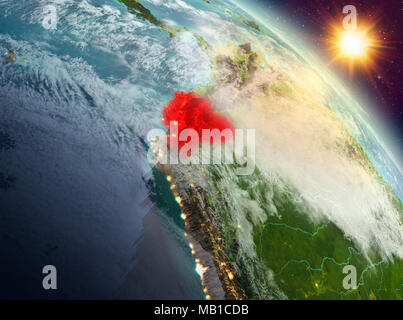 Sunrise above Ecuador highlighted in red on model of planet Earth in space with visible country ...
