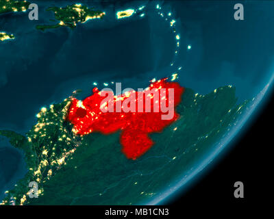 Satellite night view of Venezuela highlighted in red on planet Earth ...