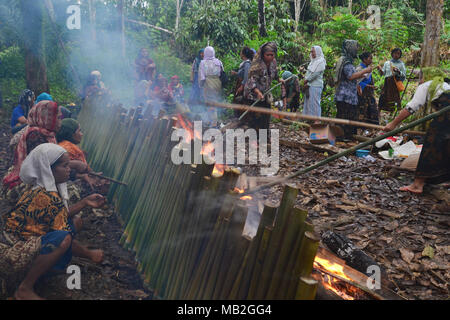 Meratus Dayak women make traditional food from sticky rice and cooked ...