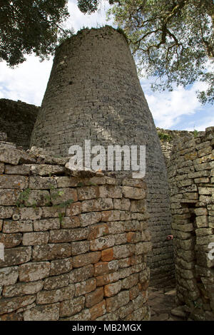 The conical tower in the Great Enclosure of the Great Zimbabwe Ruins ...