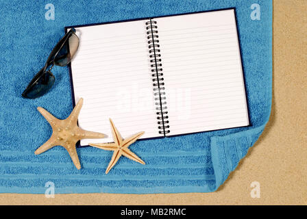 Blank writing book with summer beach accessories on background, copy ...