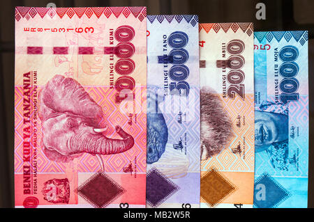 The four available banknotes from Tanzania in the denonmination of ...