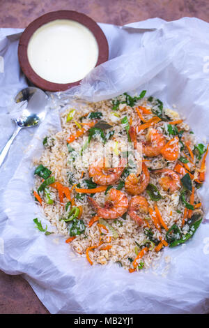 Fried rice with kari and shrimp with buffalo kurt Stock Photo - Alamy