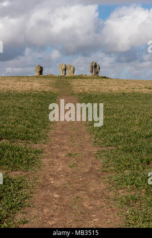 A dirt footpath leads across a grassy field to ancient standing stones ...