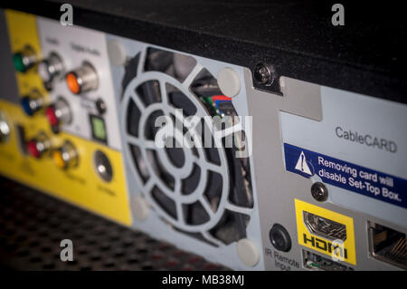 The rear of a Verizon Fios set top box, showing the various ports and ...