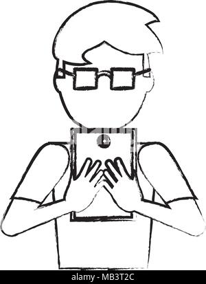 sketch of avatar man using a tablet over white background, vector ...