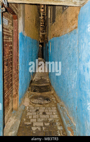 Fes, Morocco. Colorful blue walls in one of the many alleyways in the ...