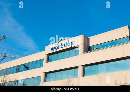 Workday sign and logo at headquarters building facade in Silicon Valley ...