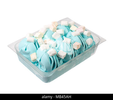 Blue plastic cool box with ice cubes and refreshing drinks on white ...
