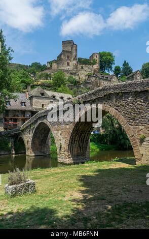 Belcastel village, castle and medieval bridge over Aveyron river, one ...