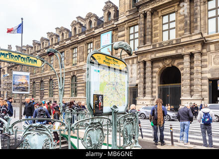 Paris metro subway entry fronting the Louvre Museum. Palais Royale ...