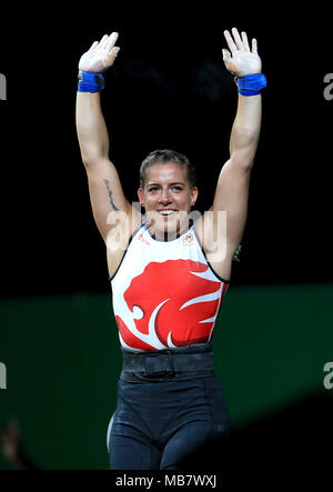 England's Emily Godley celebrates during the Women's 75kg weightlifting ...