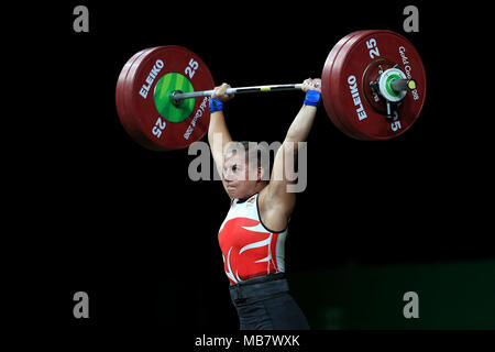 England's Emily Godley competes in the Women's 75kg weightlifting at ...