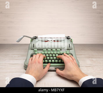 First person perspective elegant hand writing on typewriter with flying ...