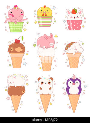 Vector set of animal shaped ice cream. Vanilla, chocolate, lemon ...