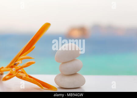 Rock cairn with tropical flour, turquise ocean in background. Zen ...