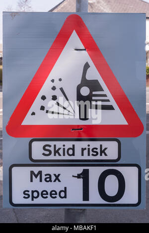 Skid risk road speed limit safety sign Stock Photo - Alamy