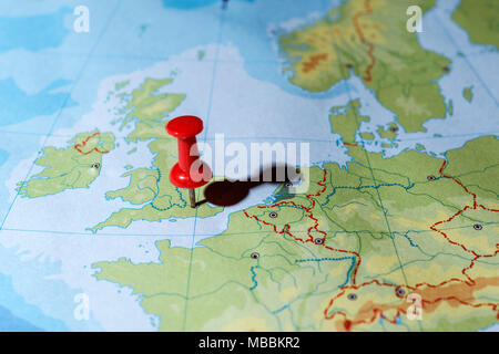 Red push pin pointing at London, England, on a map of europe Stock ...
