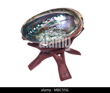 Bright polished rainbow abalone shell on wooden cobra stand isolated on white background Stock ...
