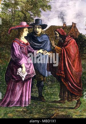 Fortune teller; Hand-reading gypsy. On a terrace a young woman leaves ...