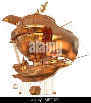 3D illustration Golden Fantasy airship Zeppelin Dirigible balloon ...