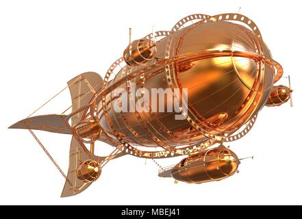 3D illustration Golden Fantasy airship Zeppelin Dirigible balloon ...