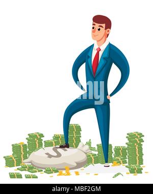 Businessman stand on a pile of money. Businessman standing under money ...
