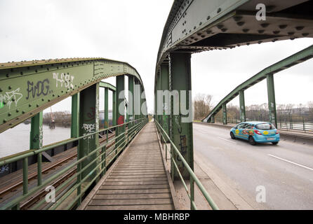 11 April 2018, Hamburg, Germany: View of the Rethe bascule bridge. The ...