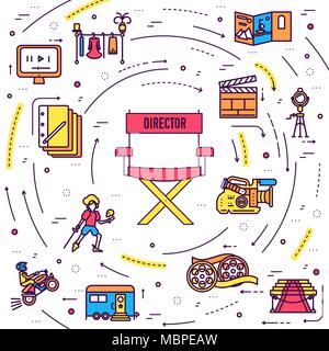 Premium quality cinema industry thin line design set. Filming ...