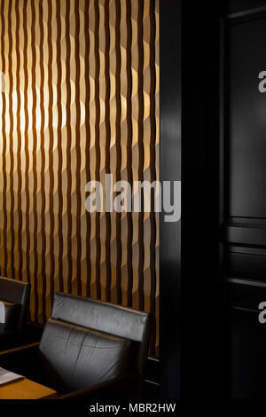 Wooden acoustic absorption panel of a restaurant dining room (France ...
